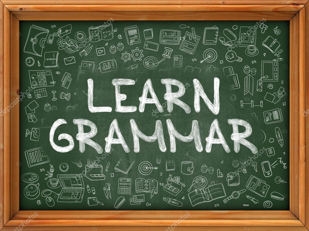 Aprender el concepto de gramática. Doodle Iconos en pizarra. 2024