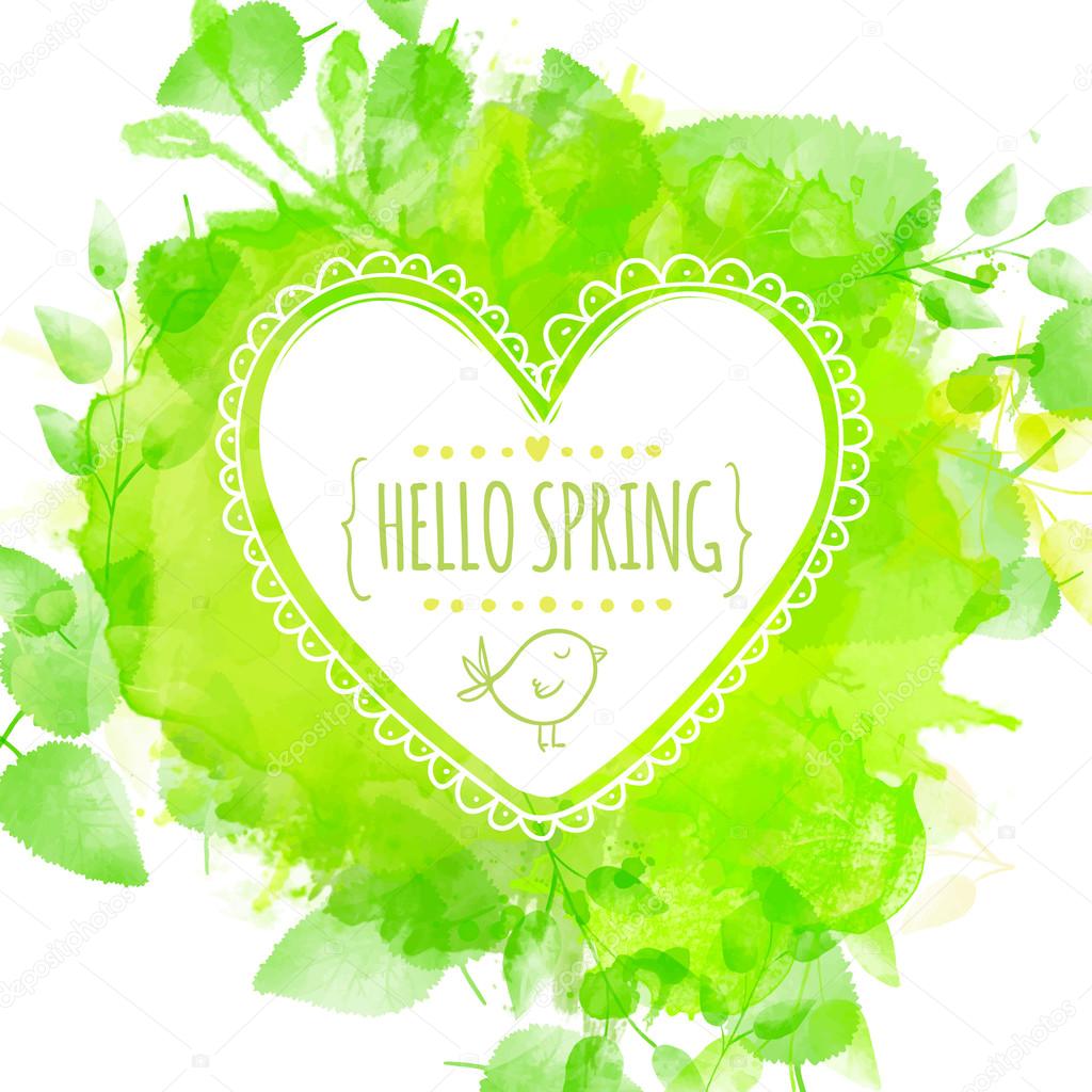 White hand drawn heart frame with doodle bird and text hello spring ...