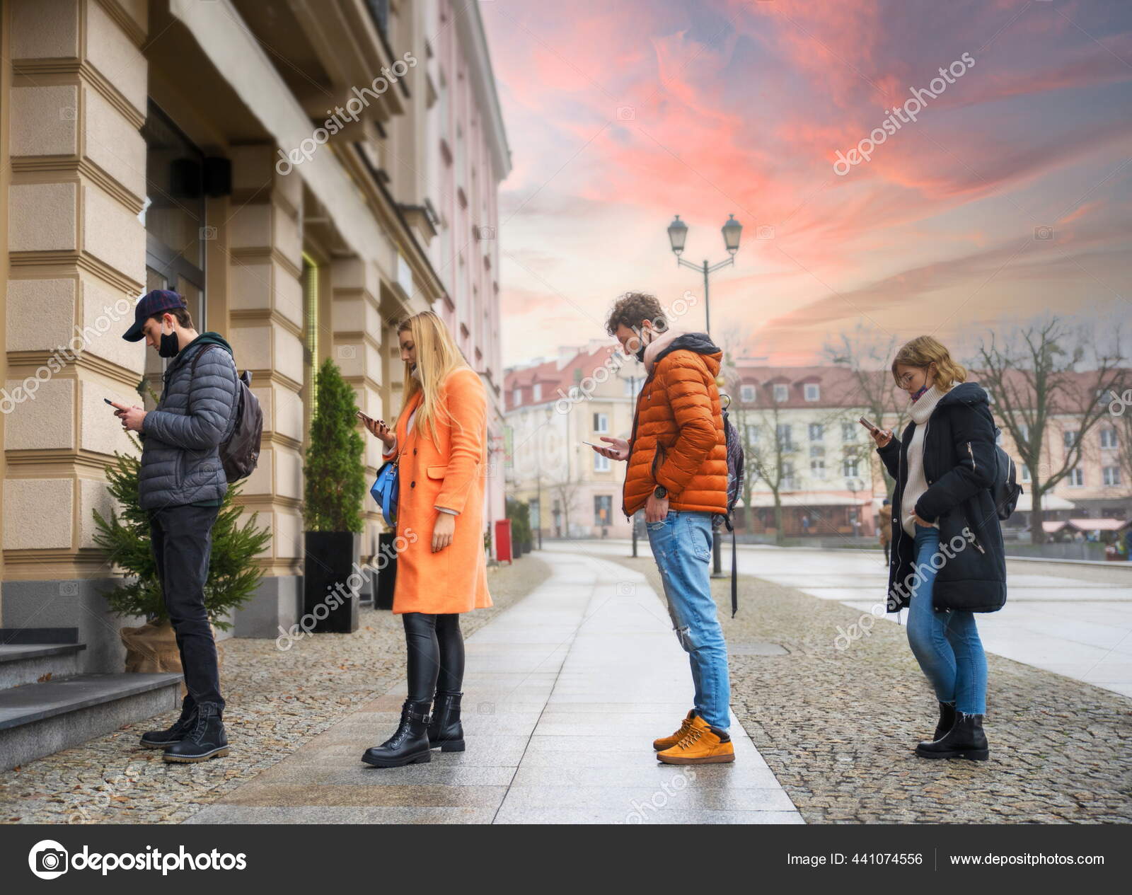 Group Multiracial People Standing Queue Young People Using Mobile ...