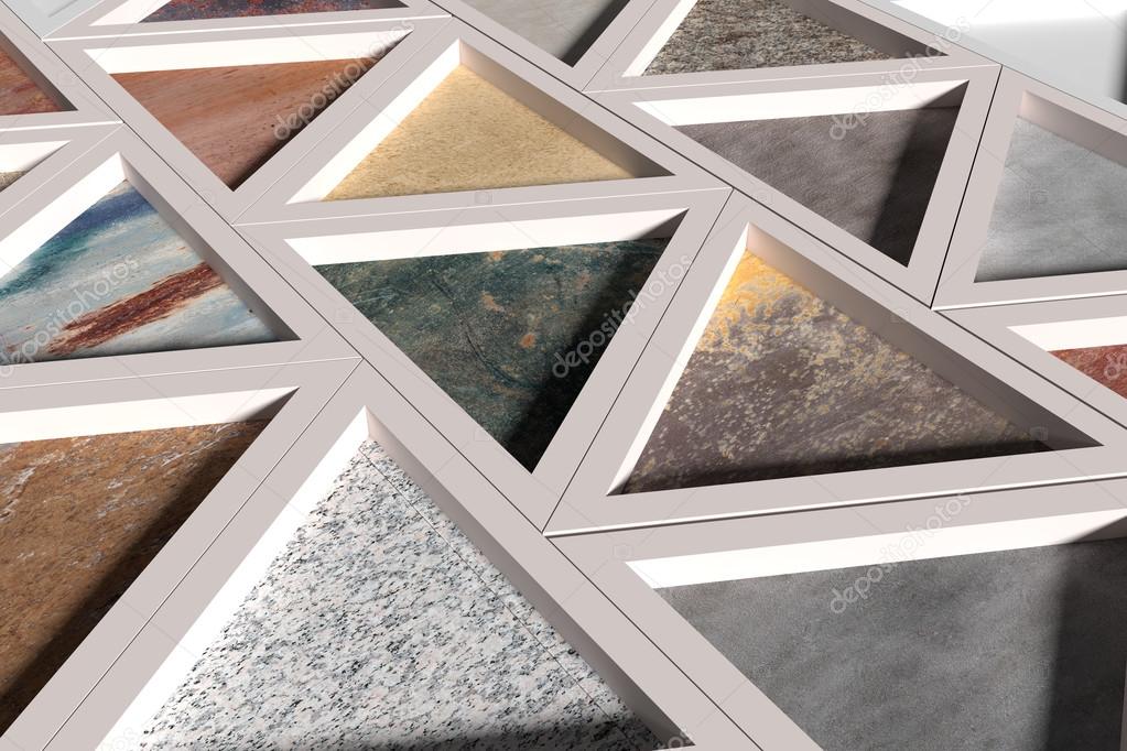 Pared con triángulos de diferentes materiales en marcos blancos 2023