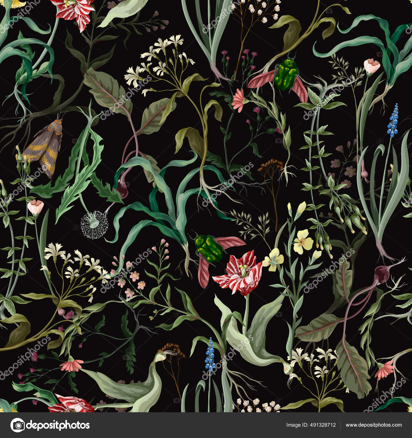 Seamless pattern with wild thin flowers and insects. Trendy botanical ...