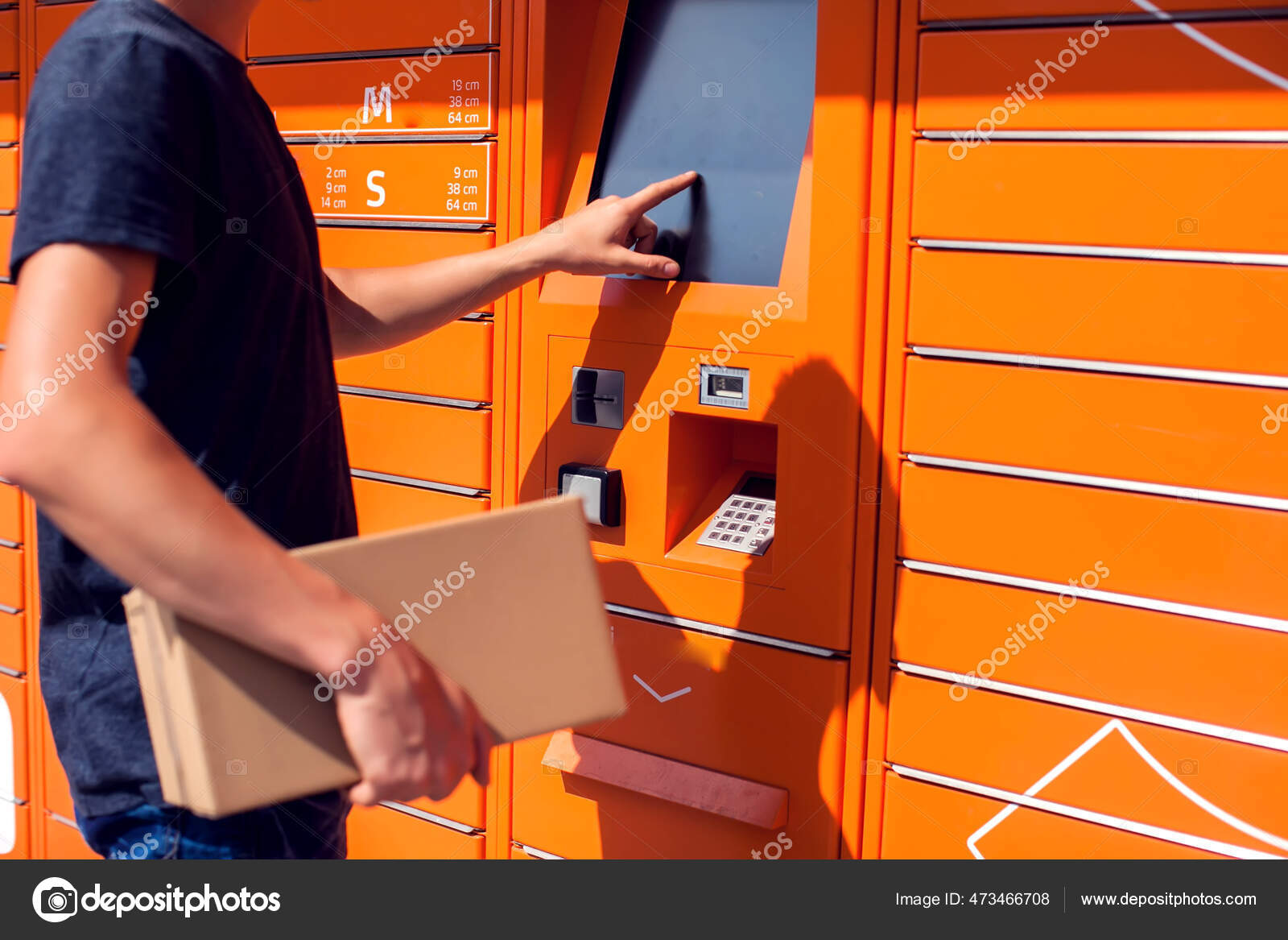 Man Using Automated Self Service Post Terminal Machine Locker Deposit ...