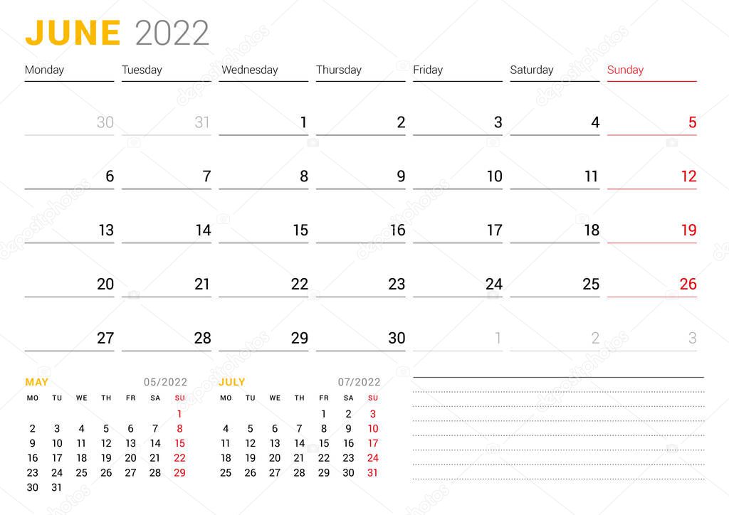Plantilla de calendario para junio de 2022. Planificador mensual de ...