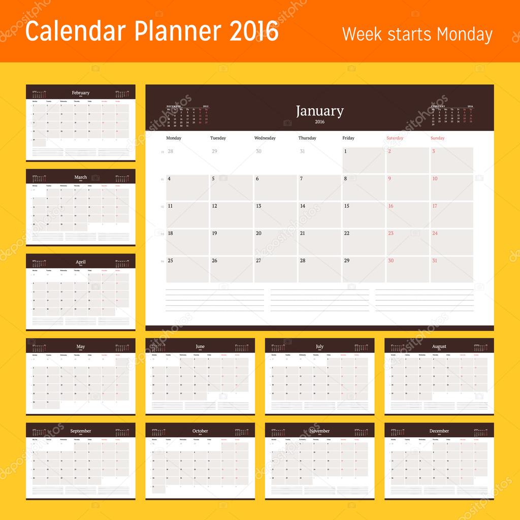 Planificador de calendario mensual para el a o 2016. Plantilla de impresi n de dise o vector. La ...