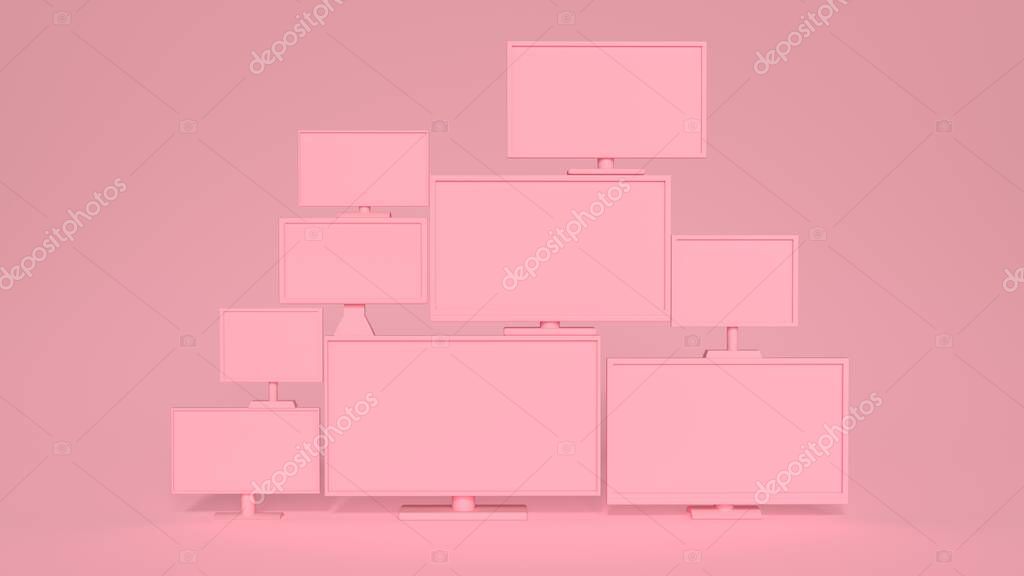 muchos monitores diferentes de color rosa en la parte superior de cada ...