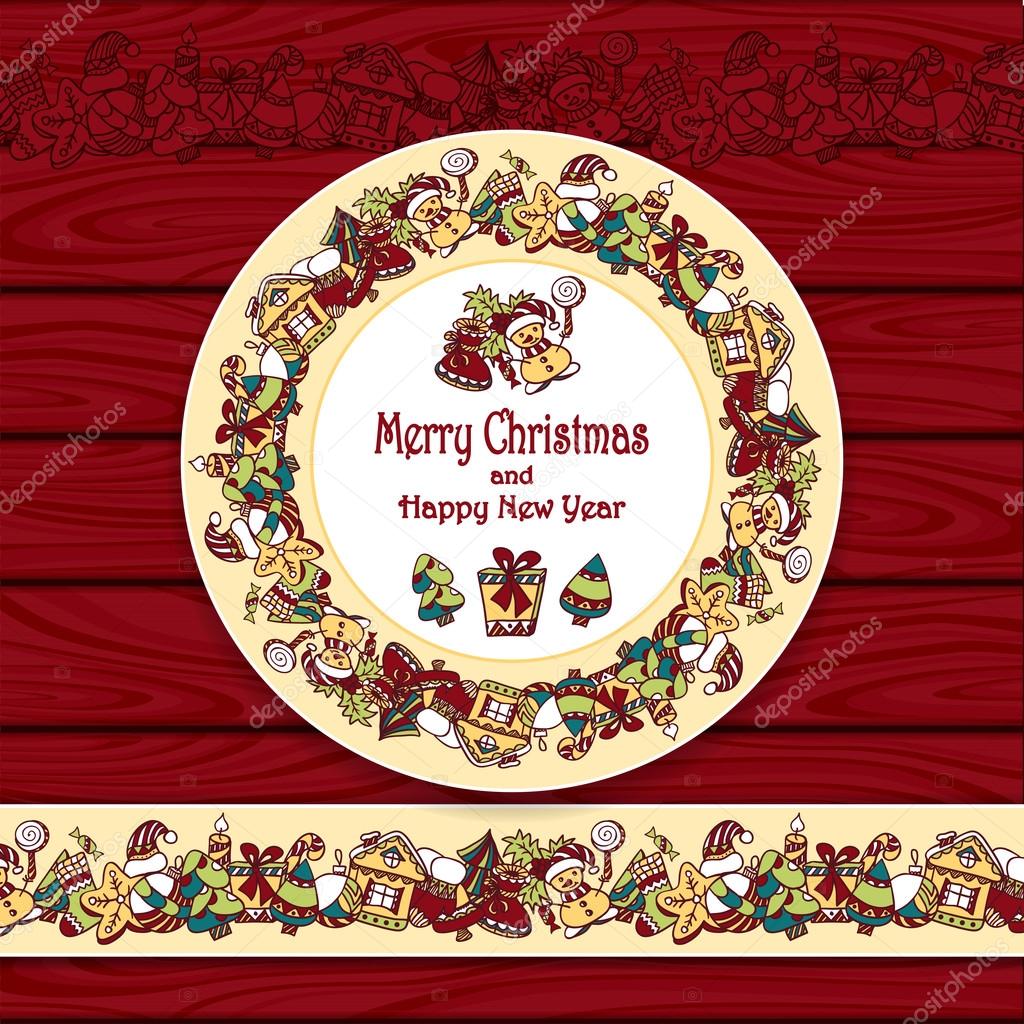 Circle frame and border from Christmas elements on red wood background ...