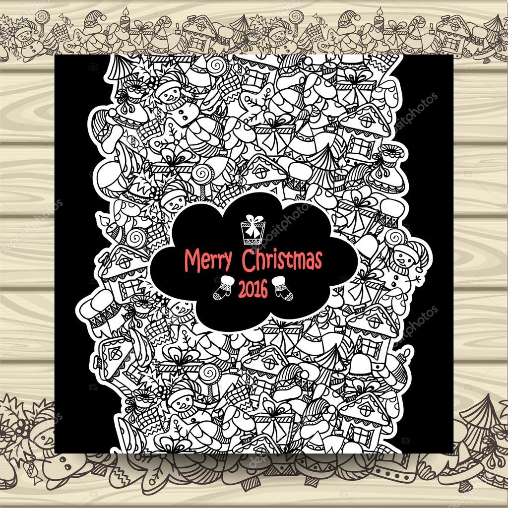 Christmas vertical doodle seamless border on white with beige wood ...