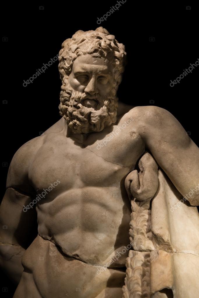 A statue of powerful Hercules, closeup, isolated in black Stock Photo ...
