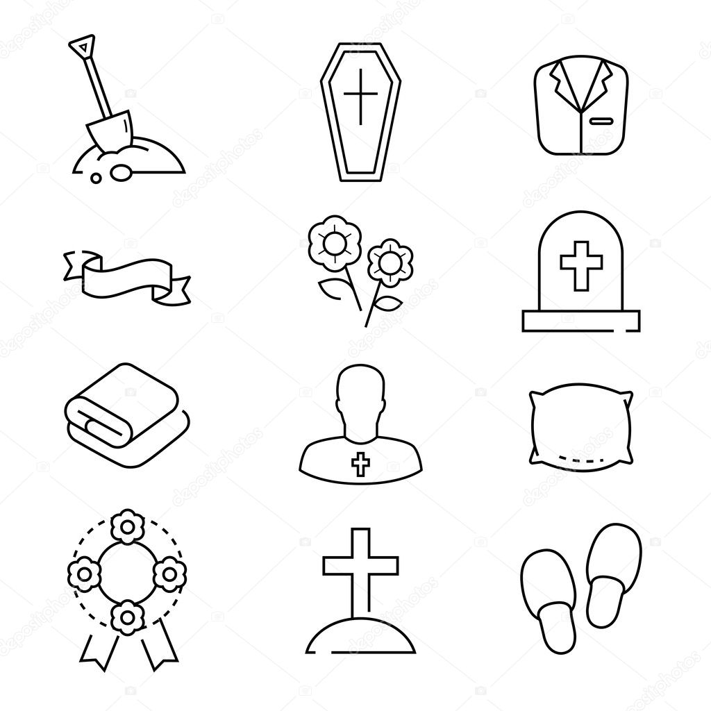 Iconos listos para la agencia funeraria. Símbolos de línea aislados ...