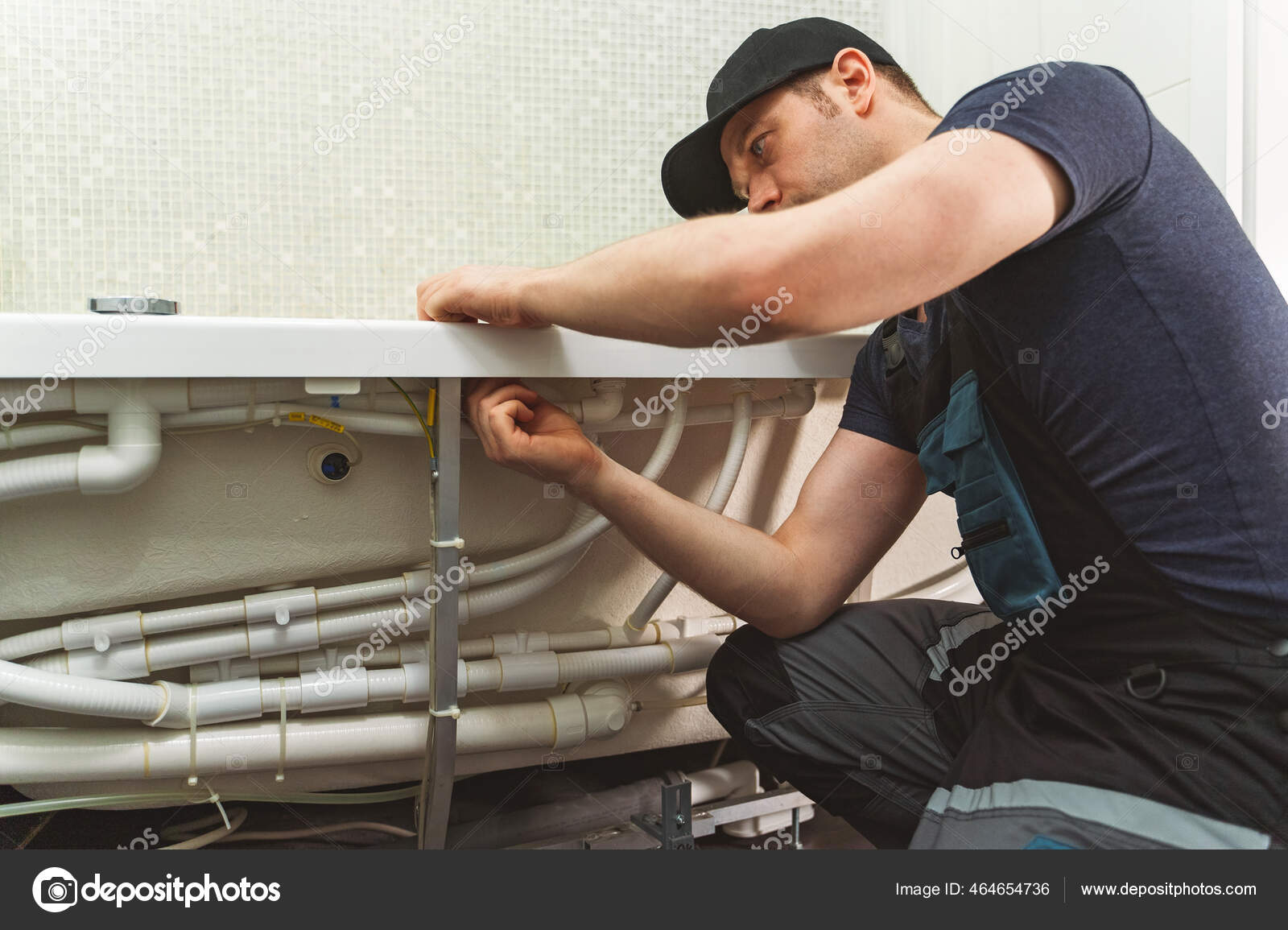 Man Installing Pipe System Bathtub Hydromassage Stock Photo by ...