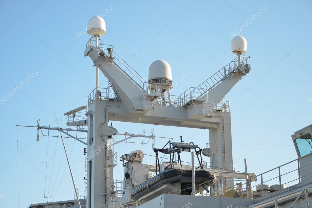 Radar and inflatable amphibious boat on naval ship. Stock Photo by ...