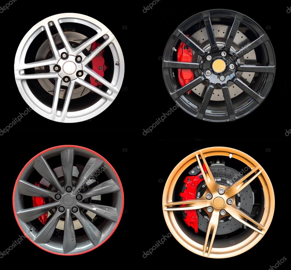 Collage of Four car rims isolated on black background. — Stock Photo ...