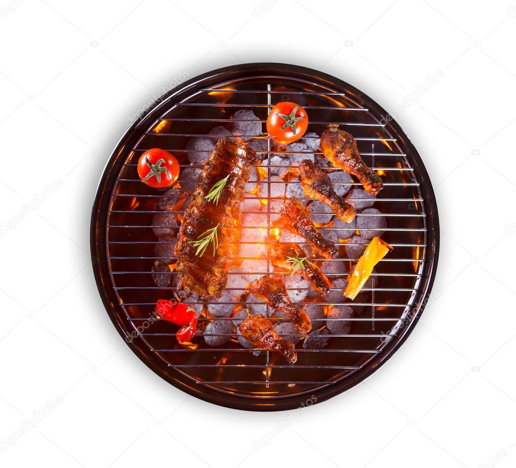 Various kind of meat served on grill — Stock Photo © jag_cz #111328870