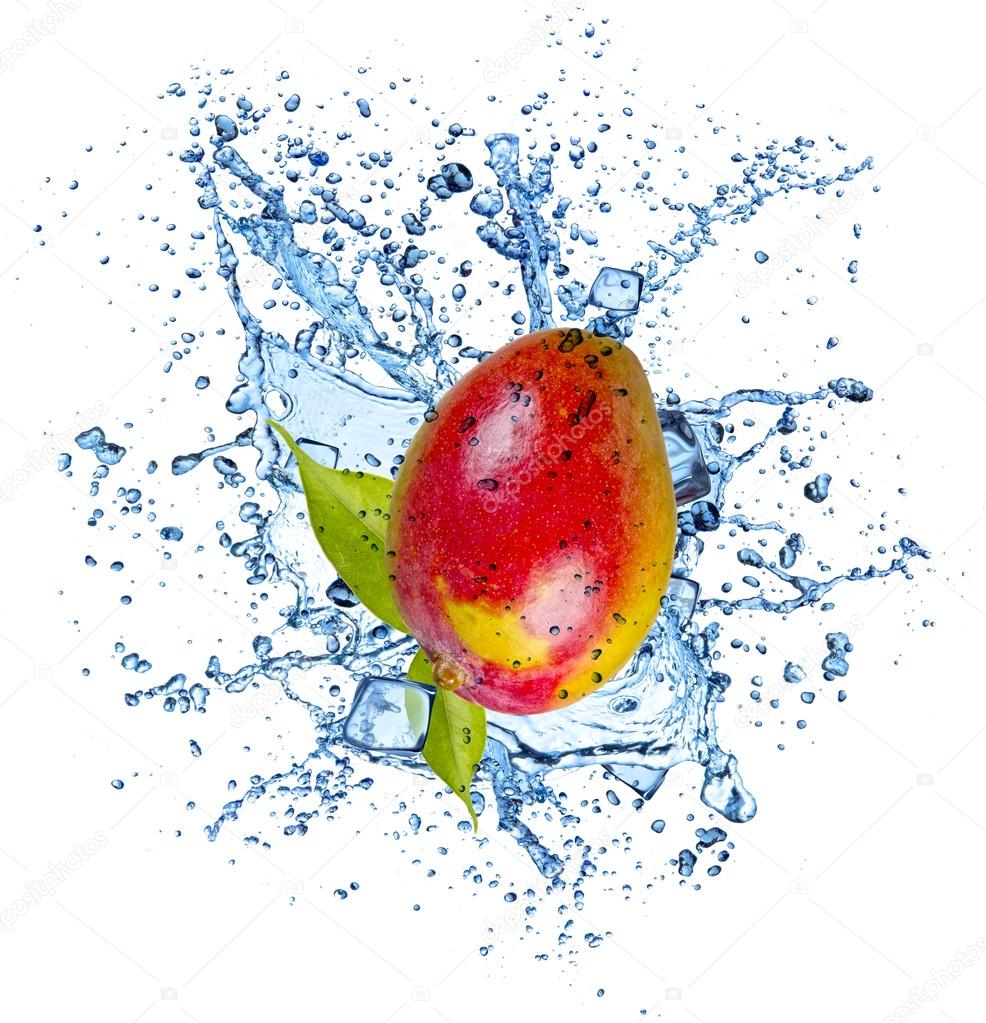 Mango in water splash on white background — Stock Photo © jag_cz #118769898