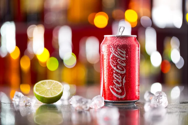 Prague, CZECH REPUBLIC - MAY 11, 2015 : Can of Coca-Cola on ice cubes ...