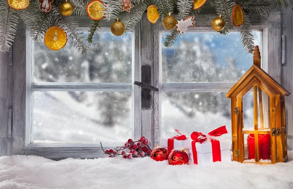 Vintage wooden window overlook winter landscape — Stock Photo © jag_cz ...