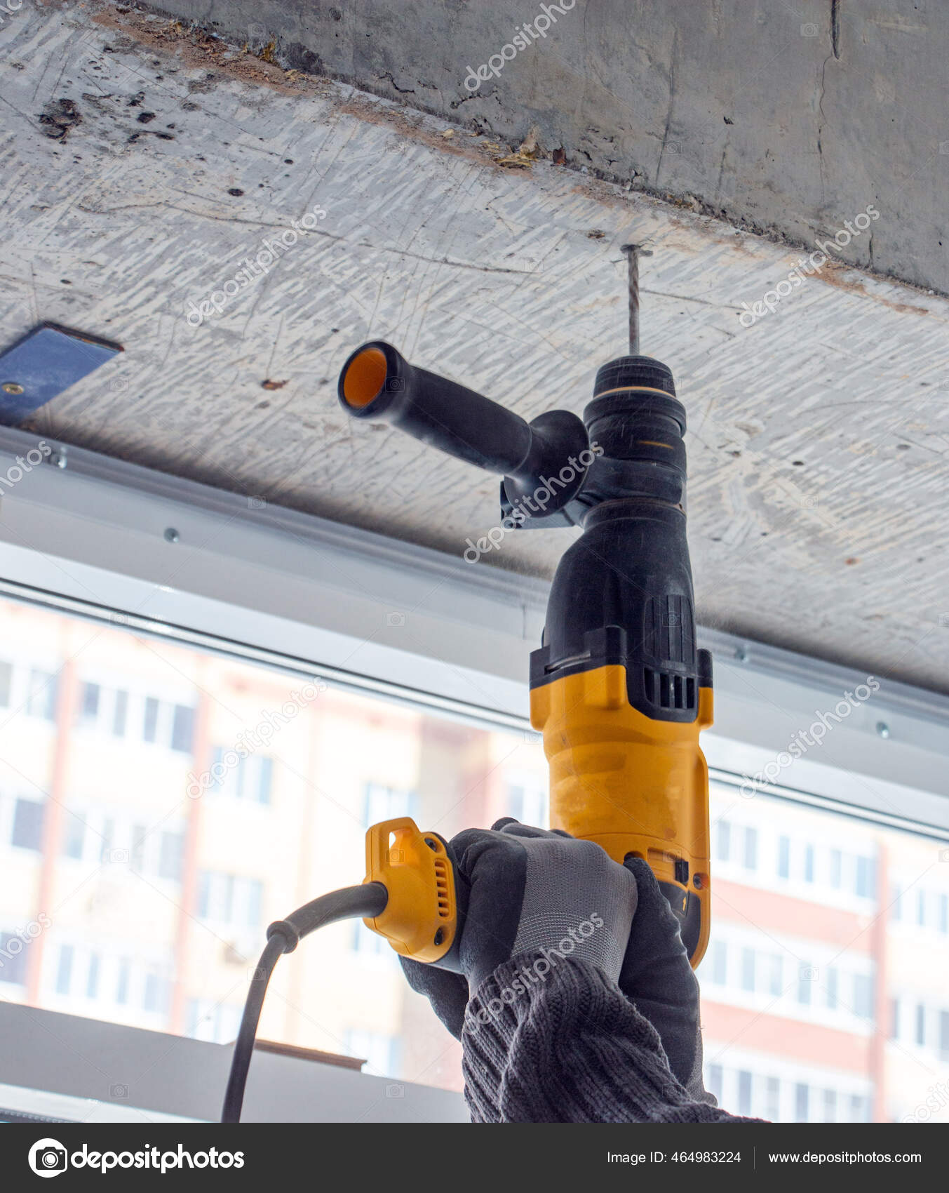 Male Hands Construction Worker Drills Hole Concrete Hand Drill Process ...