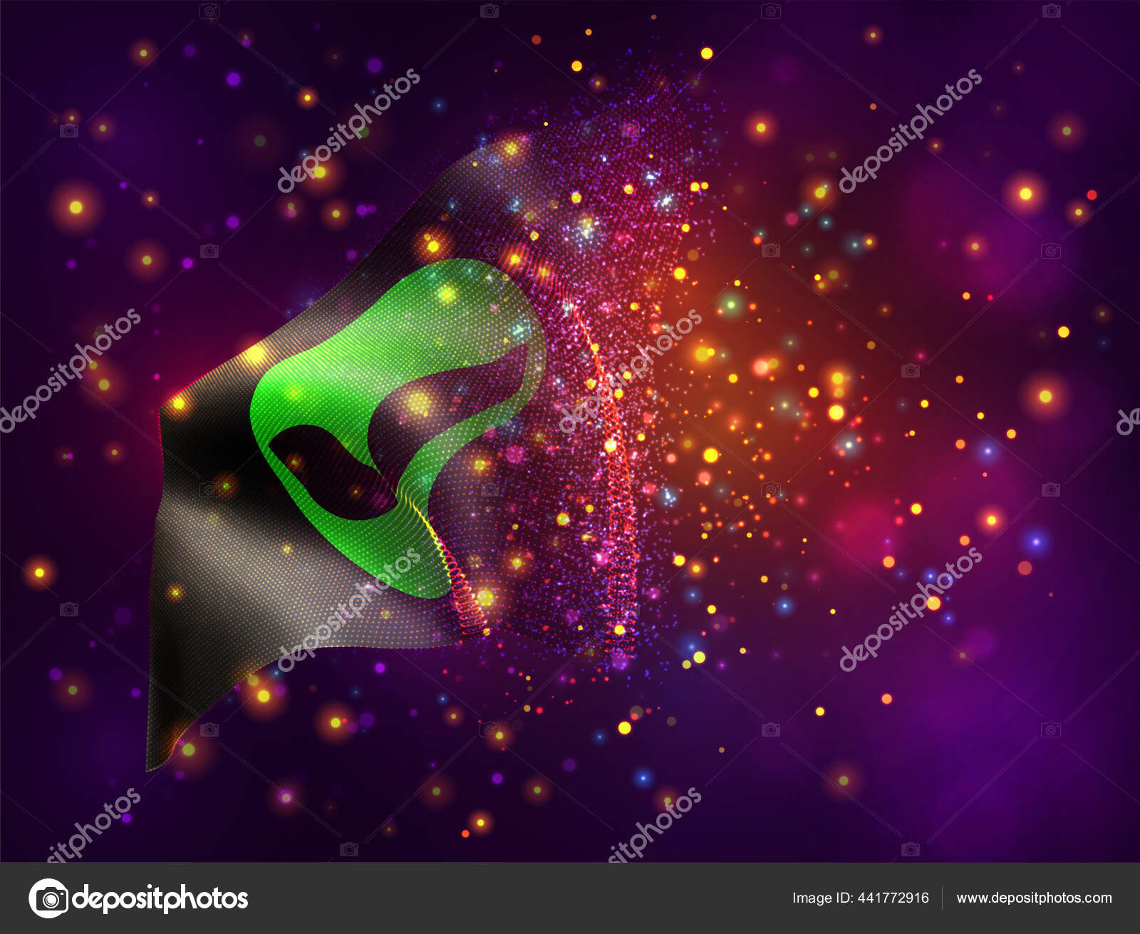 Green Alien Head Flag Pink Purple Background Lighting Flares Stock ...