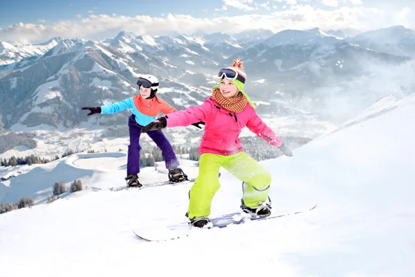 Skiing, skiers on ski run - child skiing downhill, ski lesson — Stock ...