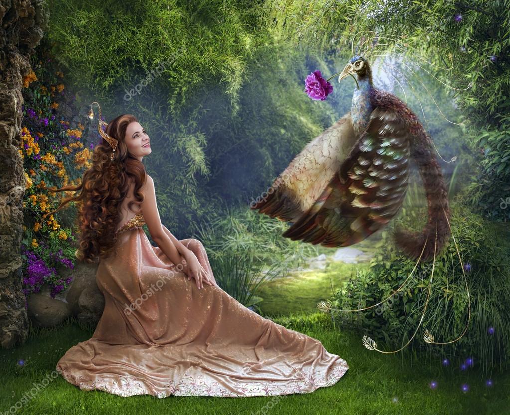 Beautiful princess with fabulous bird photo art — Stock Photo ...