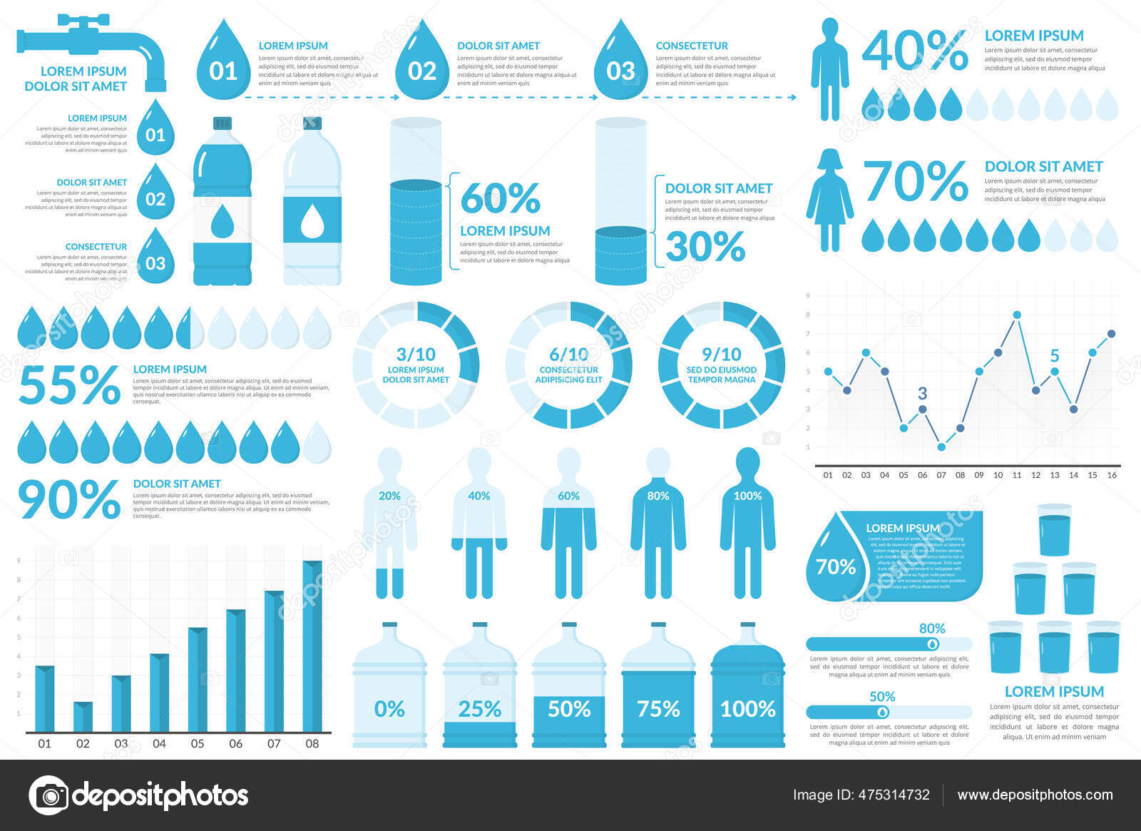 Water Infographic Elements Drops Bottles People Graphs Percents Vector ...