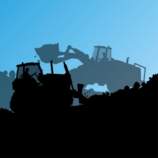 Excavator bulldozer loaders, tractors and workers digging at ind ...