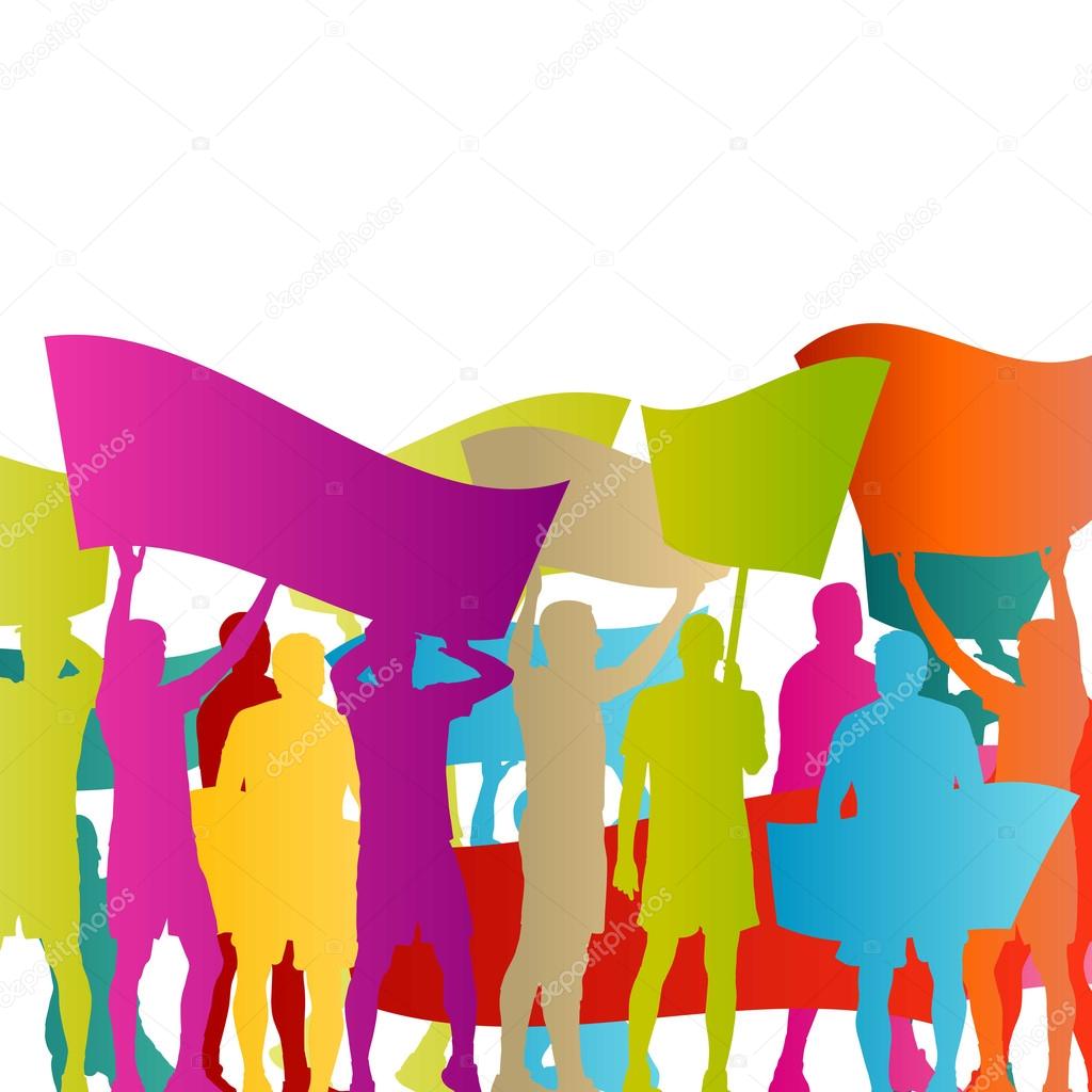 Protesters angry people crowd with posters and flags in abstract ...