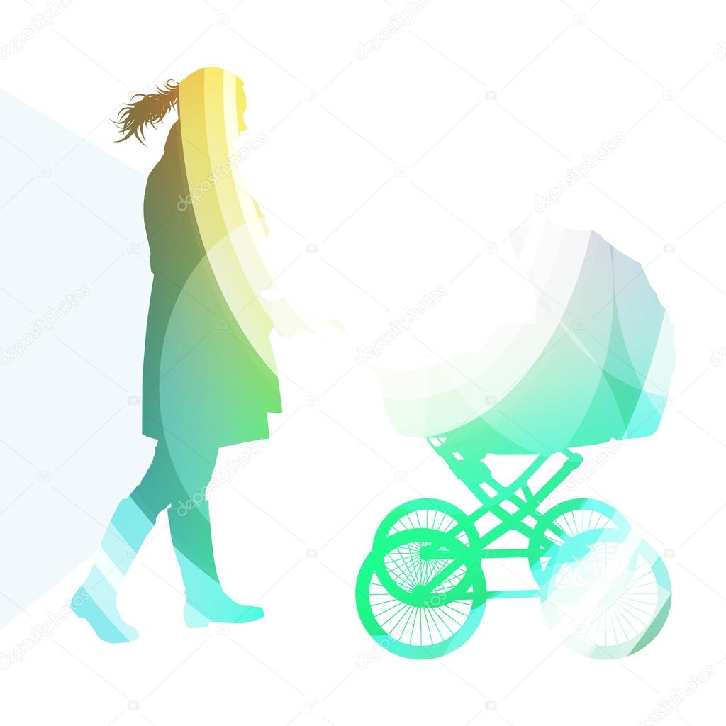 Mother with baby strollers, carriage walking woman silhouette il Stock ...