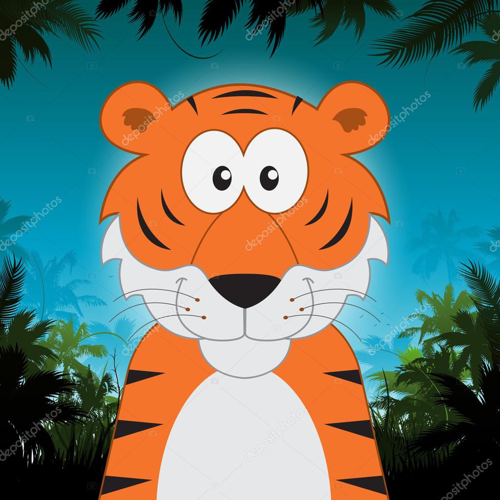 Cute cartoon tiger in front of jungle background Stock Vector Image by ...
