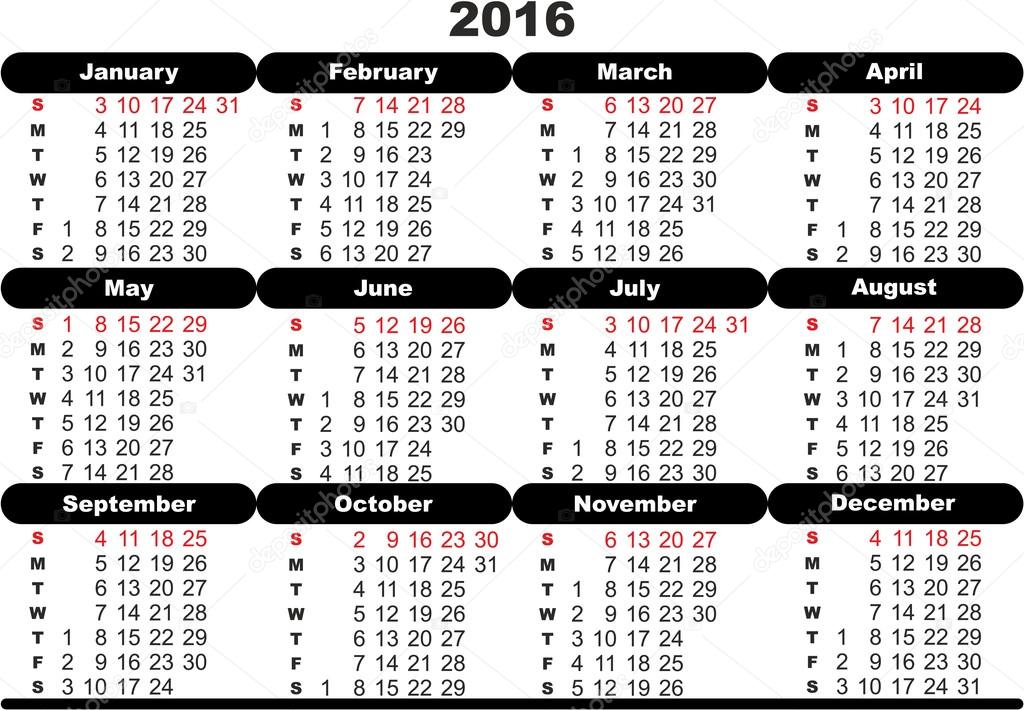 Black and white pocket calendar for 2016, european — Stock Vector ...