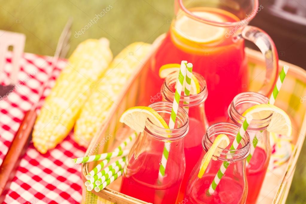 Summer picnic with lemonade drinks — Stock Photo © urban_light #77714836