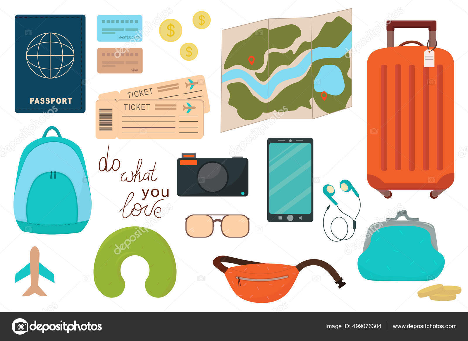 Set of travel items for recreation. Collection of luggage elements ...