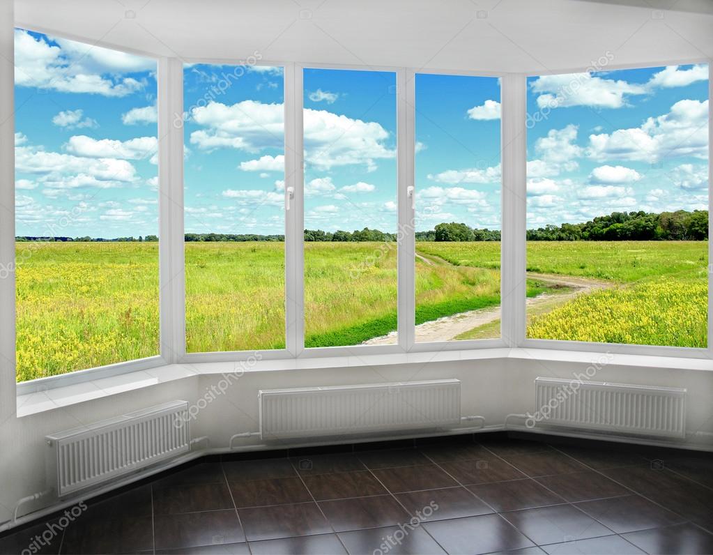 Window overlooking the summer field and country road — Stock Photo ...