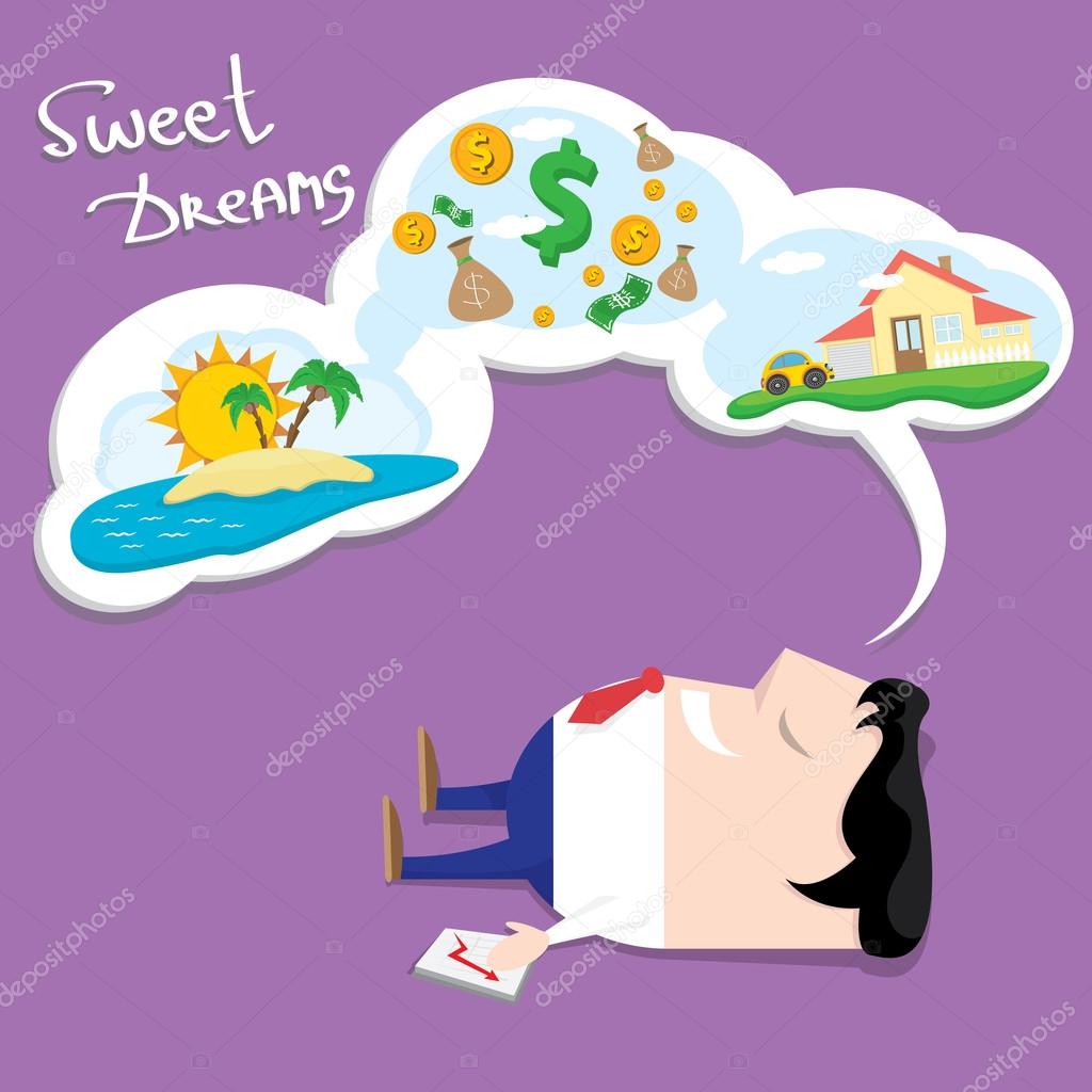 Hombre de negocios soñando. ilustración de dibujos animados 2023