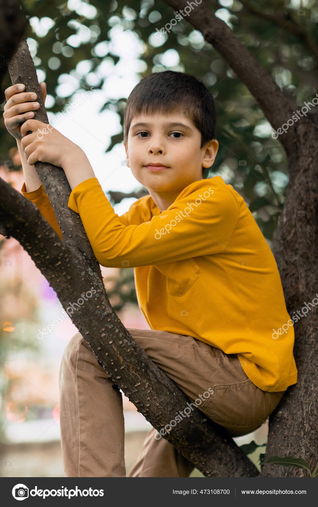 Boy on the tree. portrait of a child resting on a branch. yellow t ...