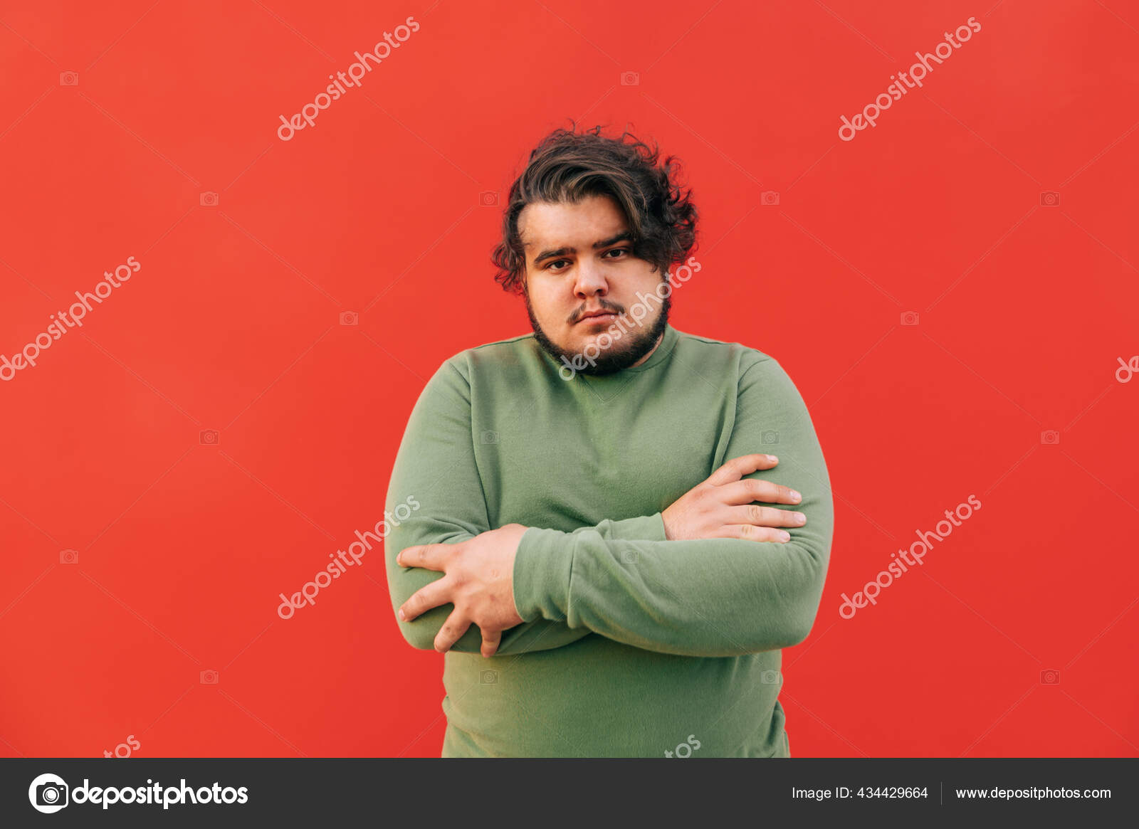 Disappointed Overweight Hispanic Guy Standing Red Background Closing ...