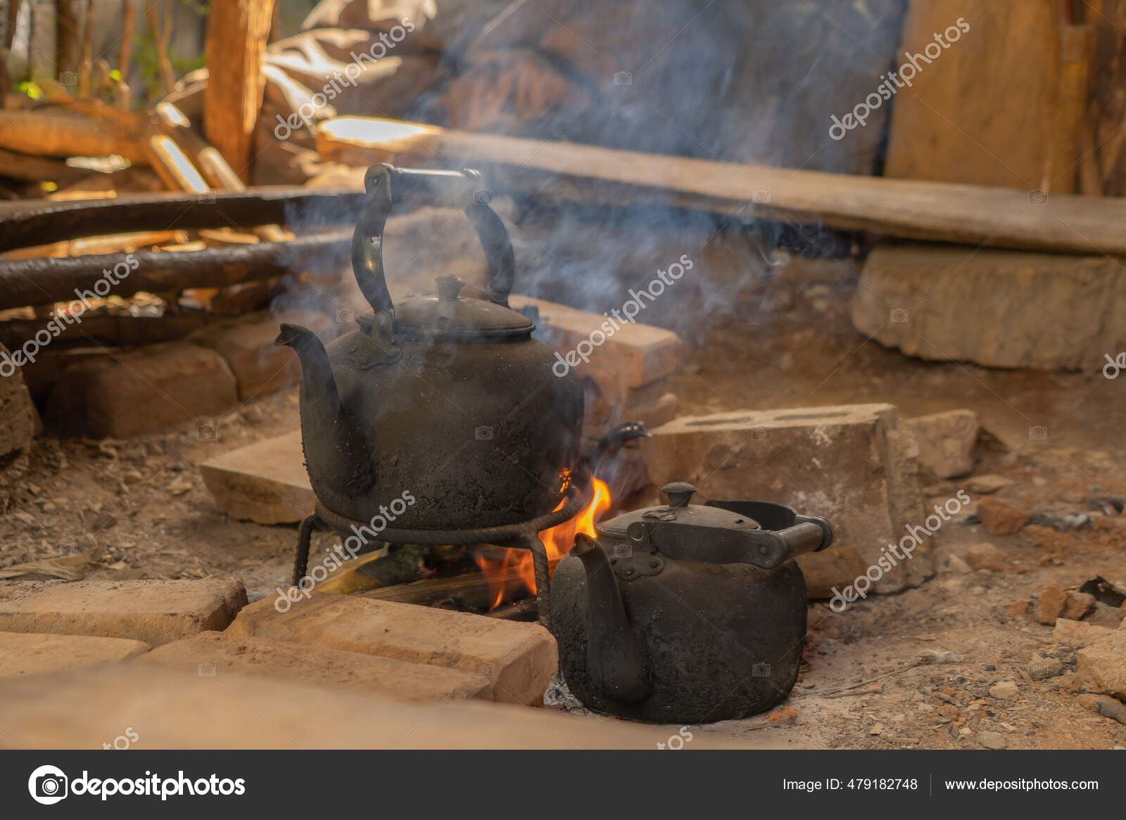 Old Teapot Boiling Water Using Traditional Kettle Fire Water Heater ...