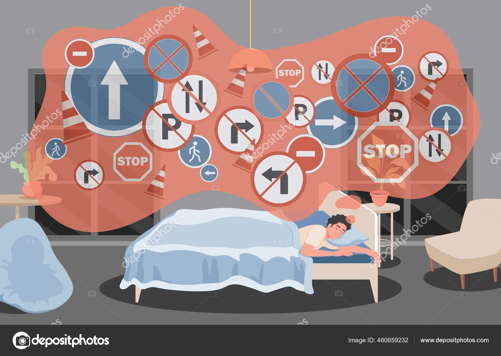 Man sleeping in bed at night and dreaming about road signs, traffic ...