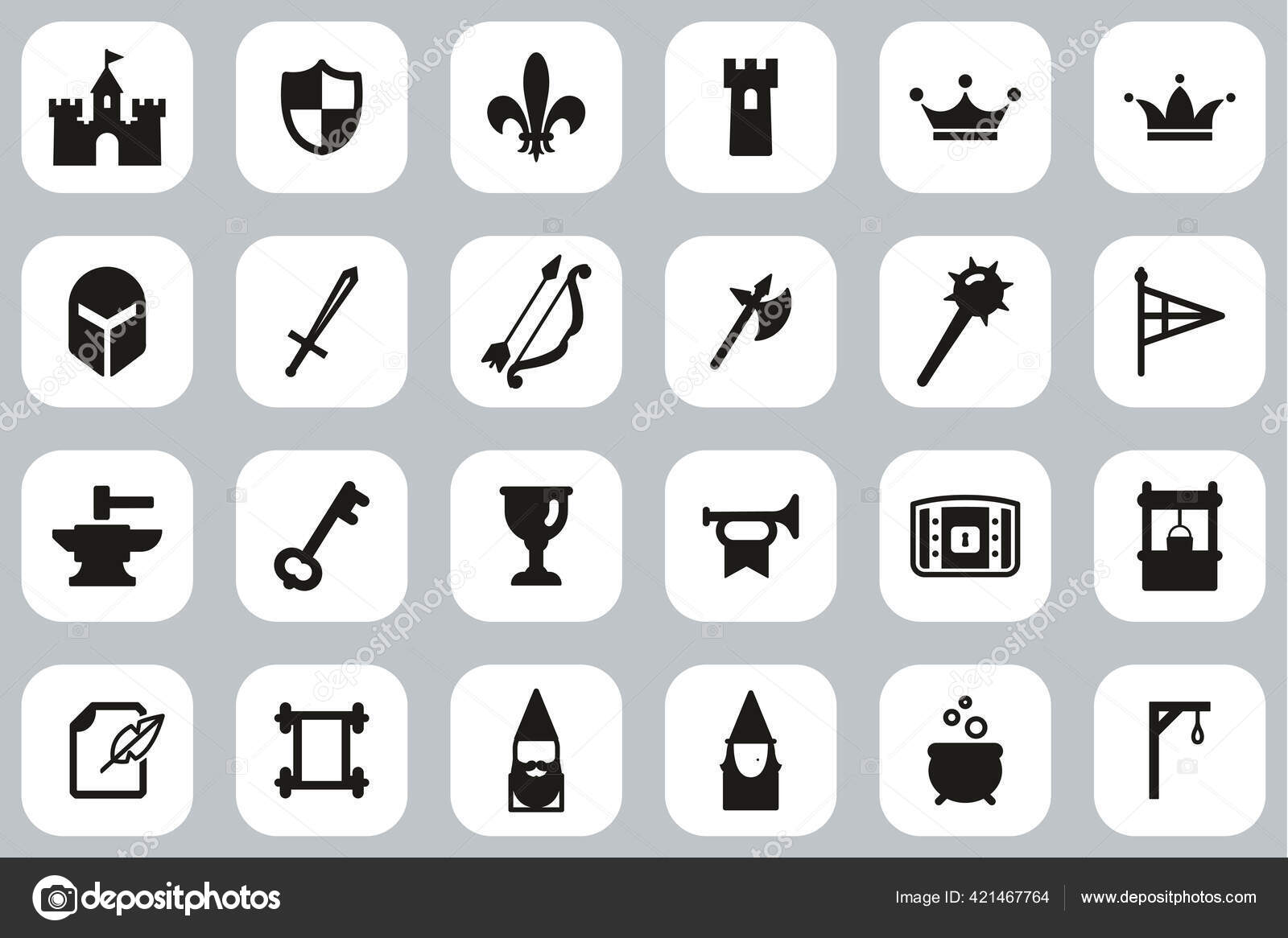 Iconos Del Castillo Medieval Blanco Negro Diseño Plano Conjunto Grande ...