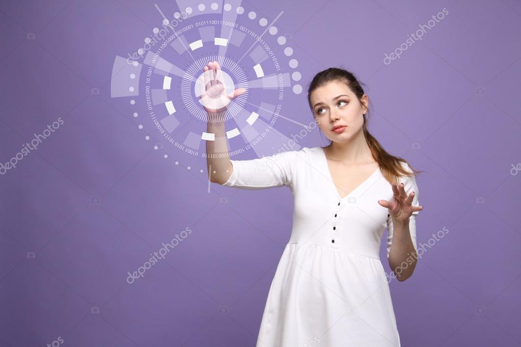 Future computer technology. Woman working with futuristic interface ...