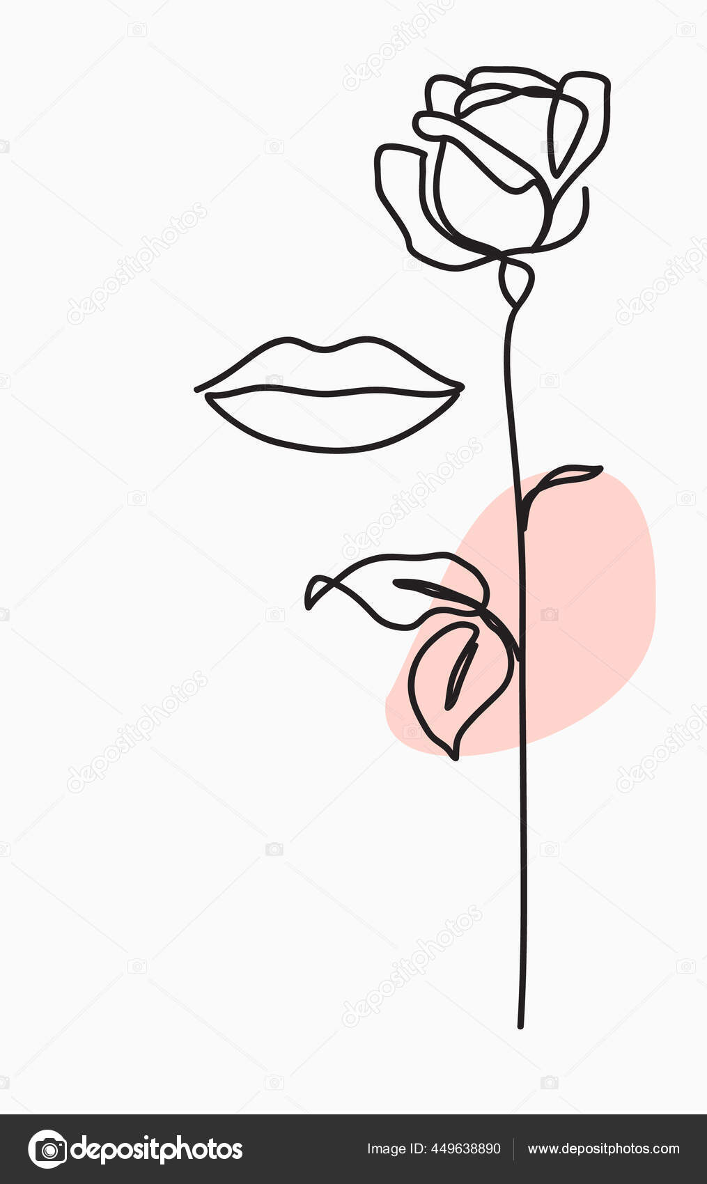 One Line Drawing Abstract Woman Lips Garden Rose Long Stem Stock Vector ...