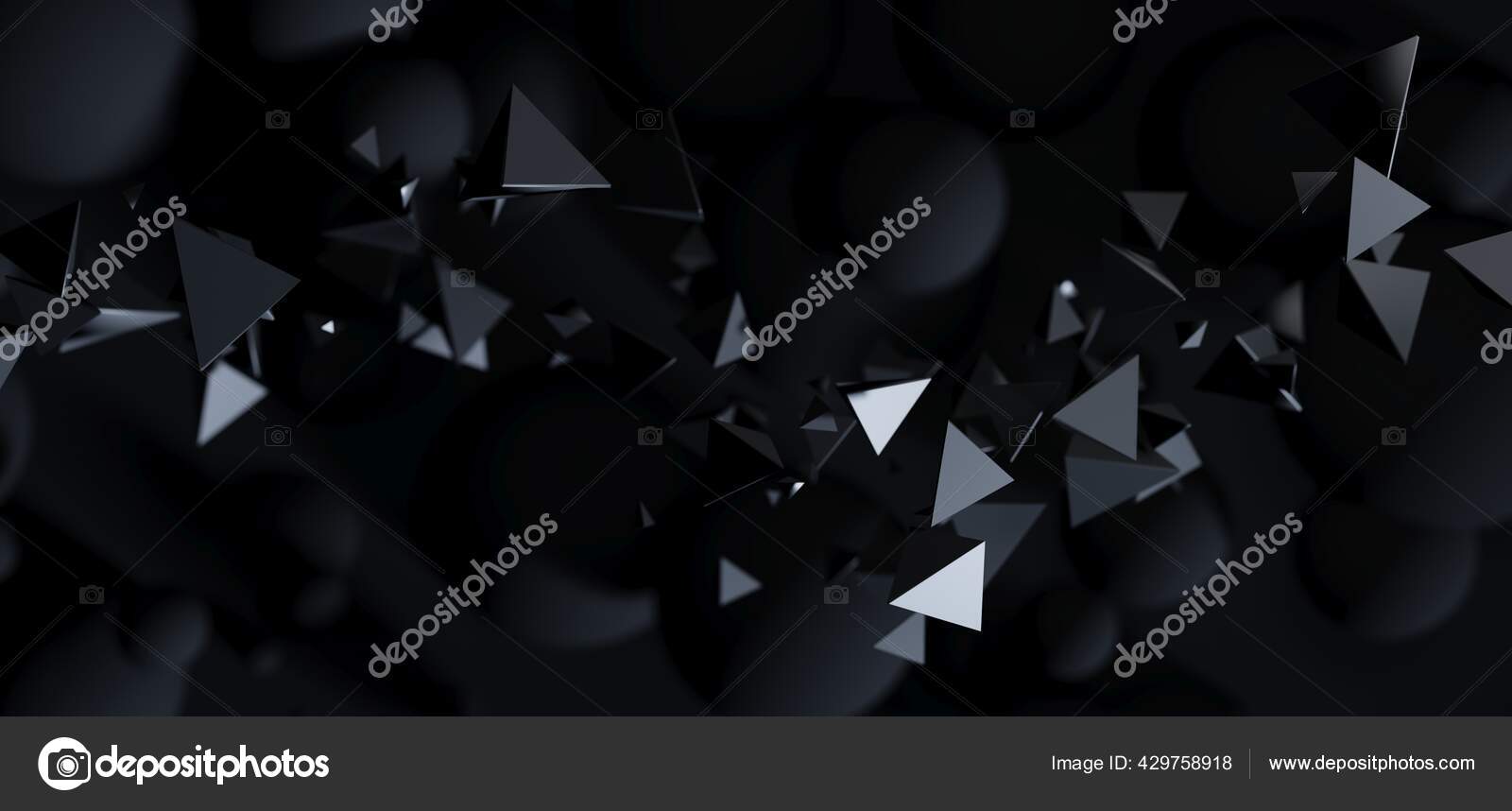 Abstractblack background with 3D particles. Flying polygonal spheres ...