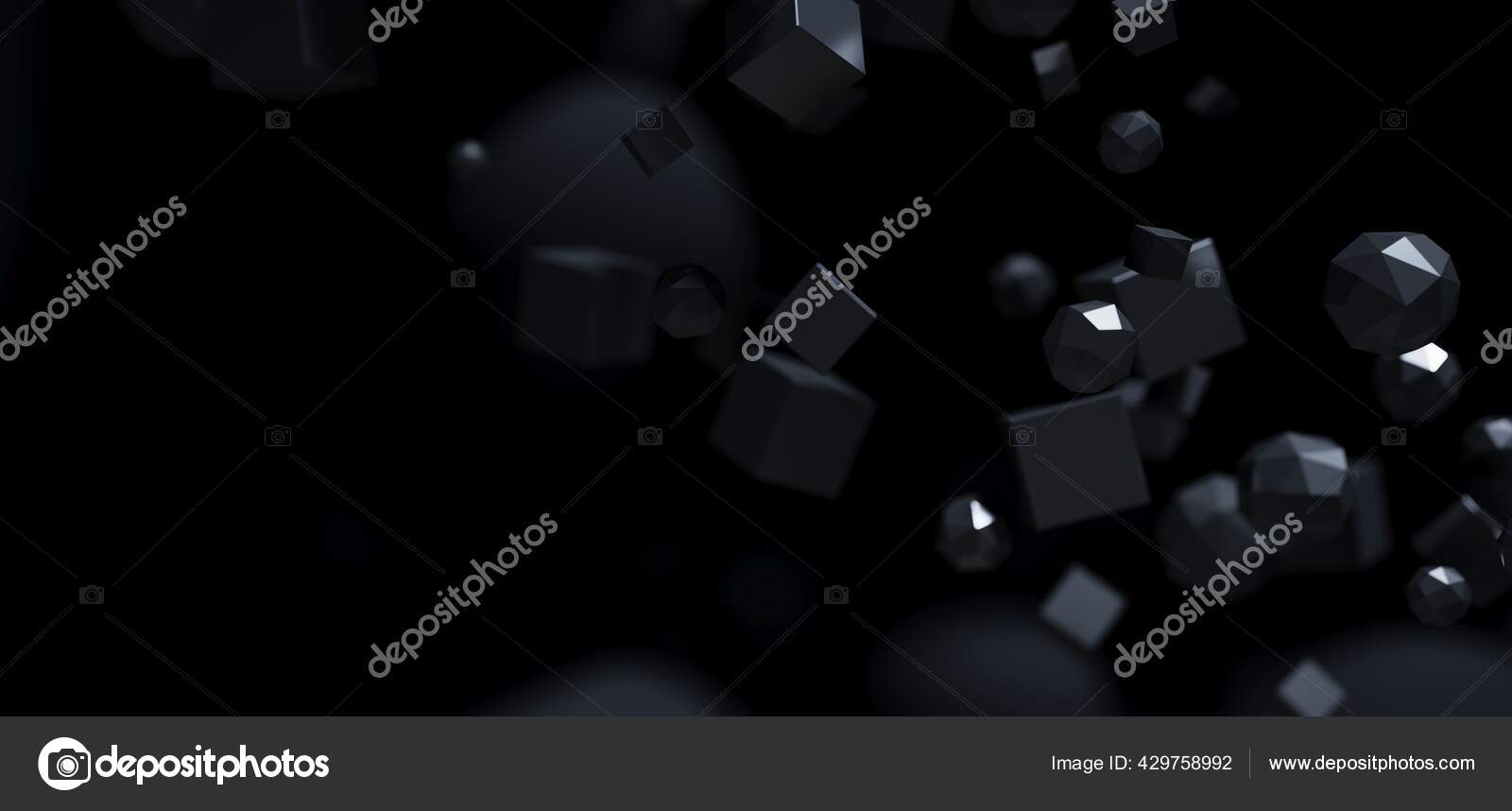Abstractblack background with 3D particles. Flying polygonal spheres ...