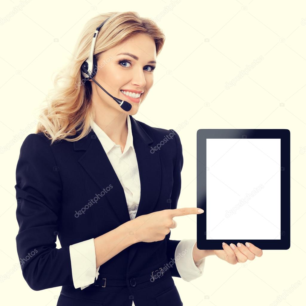 Support phone operator showing blank no-name tablet pc monitor — Stock ...