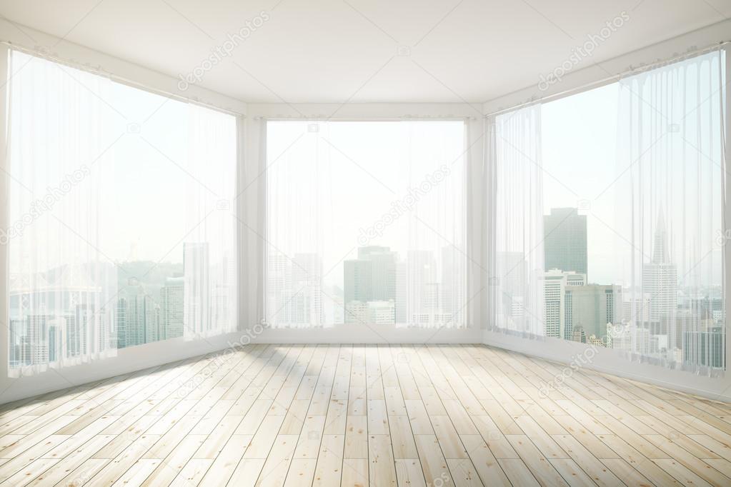 Sunlit interior design with panoramic windows revealing city view. 3D ...