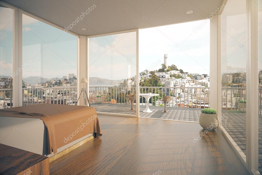 Modern bedroom interior with sunlight — Stock Photo © peshkova #108862338