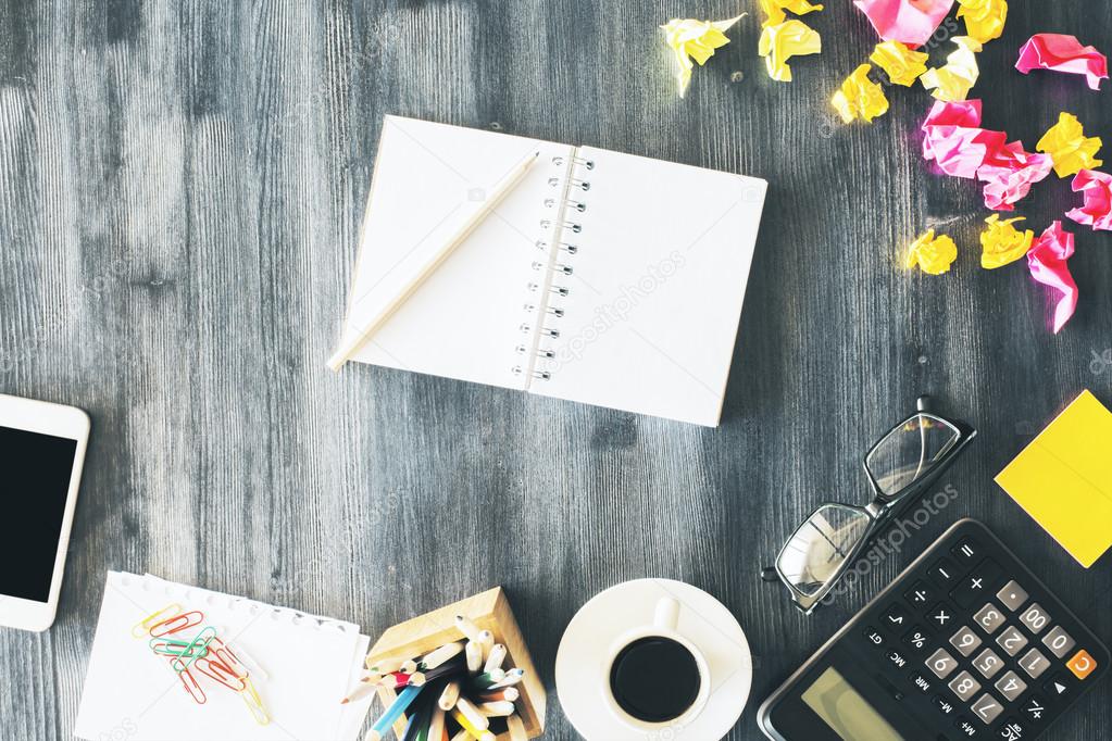 Messy office table topview Stock Photo by ©peshkova 113888332