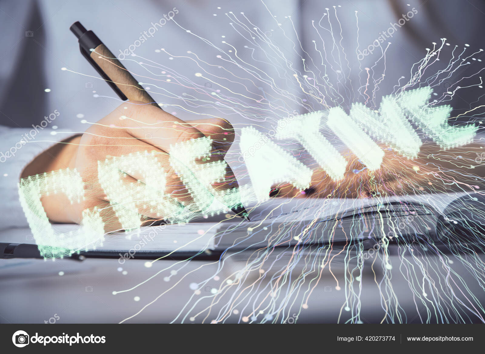 Start up creative drawing over close up hands in notepad background ...