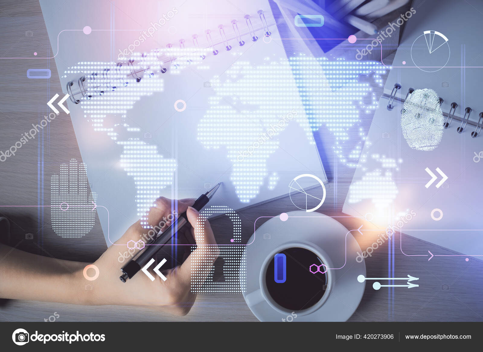 Multi exposure of hands making notes with world map hologram and data ...