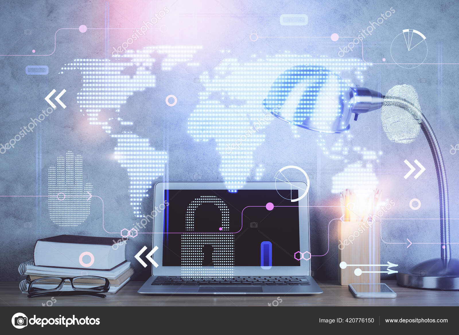 Double Exposure Desktop Computer World Map Hologram International Data ...